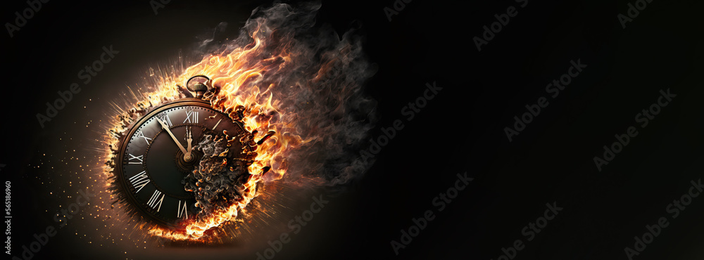 Clock on fire, clock face consumed as time burns away. Generative AI ...