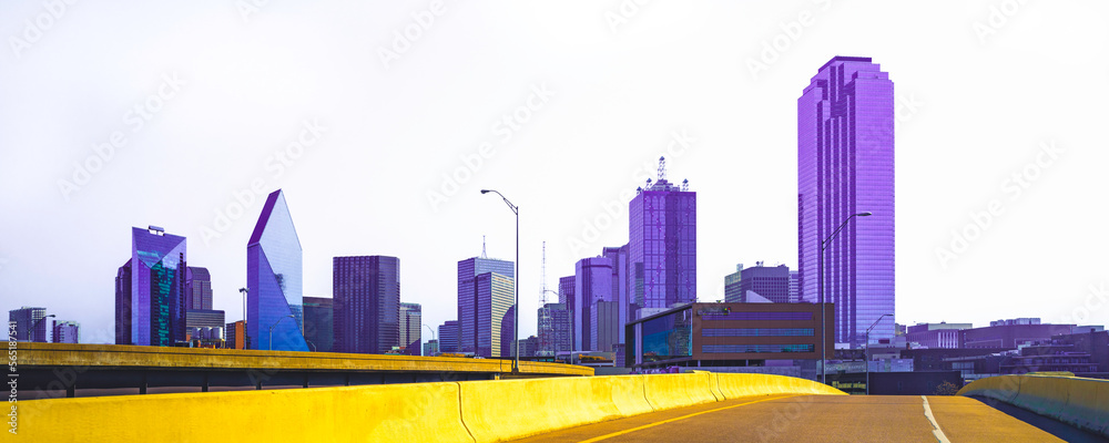 Saturated purple colors of Dallas Texas downtown skyline cityscape over ...