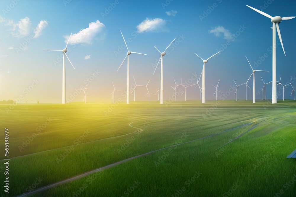 Smart future renewable green power plant with electric solar panel wind ...