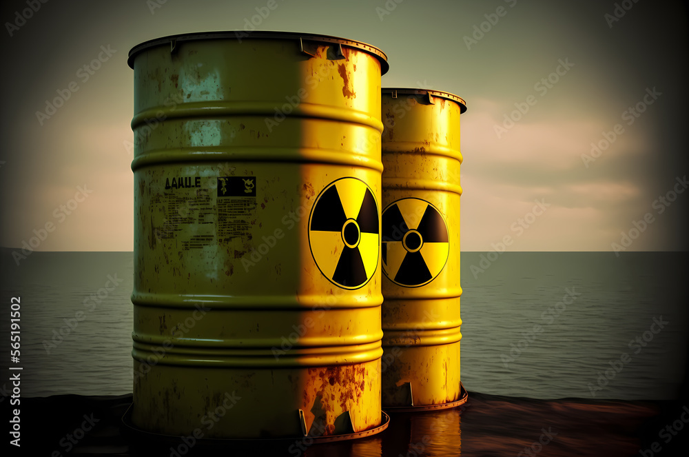 Yellow barrels for radiation hazard waste drift on ocean. Concept water ...