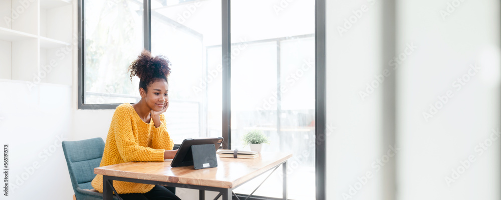Pretty young african american student woman study online class in ...