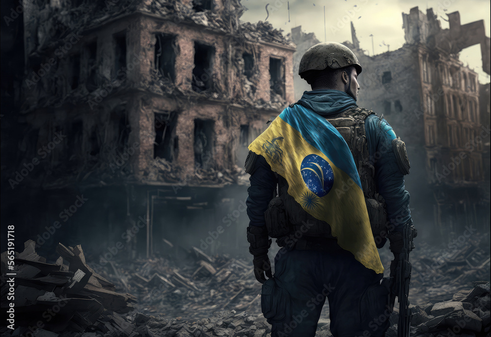 Ukrainian military man with the Ukrainian flag in his elbow with ...