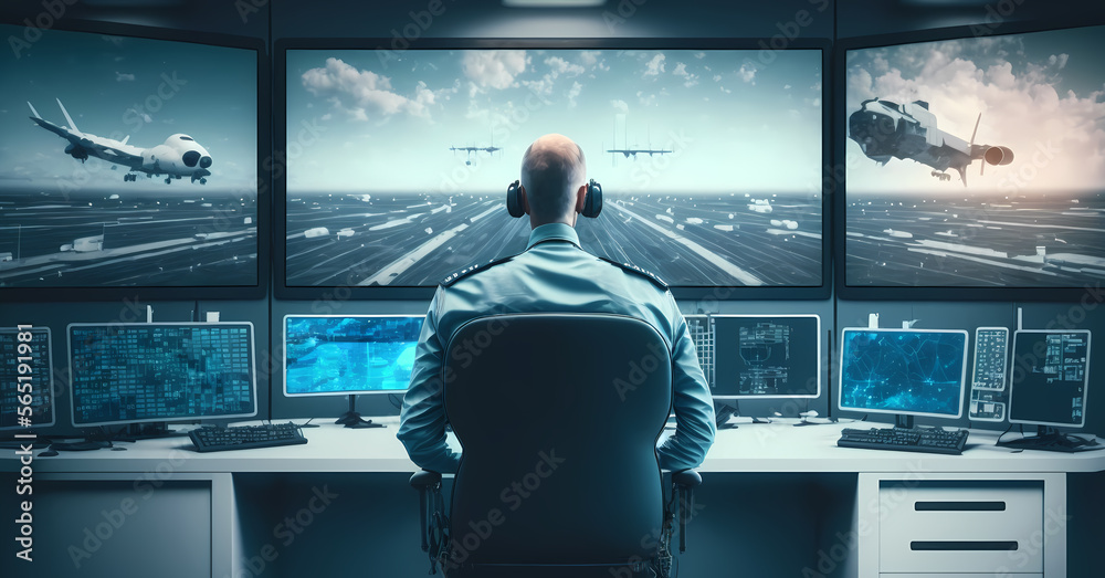 Air radar traffic Center, Airplane controller working airport tower ...