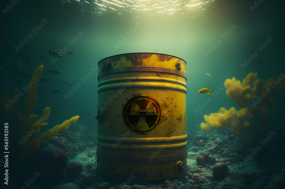 Yellow barrels for radiation hazard waste drift on ocean. Concept water ...