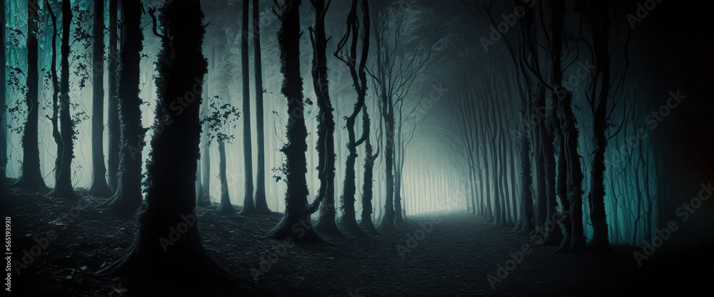 Dark forest panorama fantasy landscape. Mysterious background. digital art, generative ai Stock ...