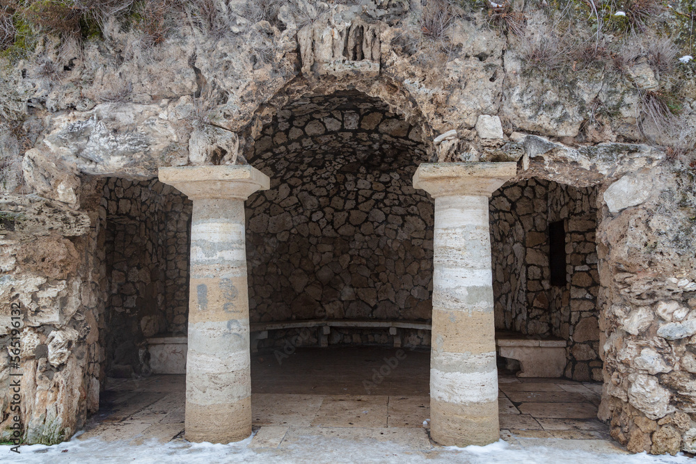 PYATIGORSK, RUSSIA - December, 2020: Old stone grotto of Diana with ...