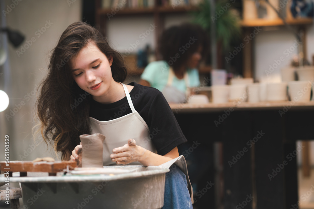 happy smiling girl having fun to learning and work with craft art of ...