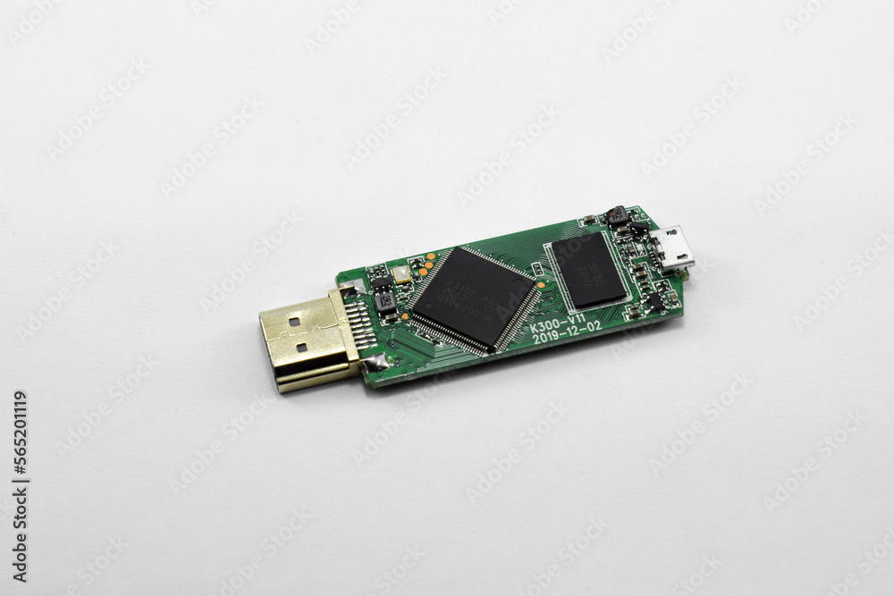 Flash drive and NAND component. Inside usb structure isolated on white ...