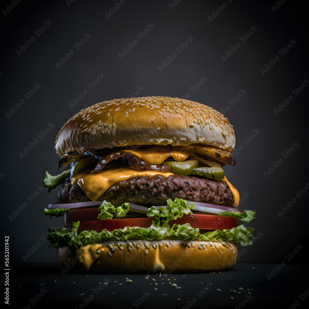 Hamburger on black background food photography made with Generative AI ...