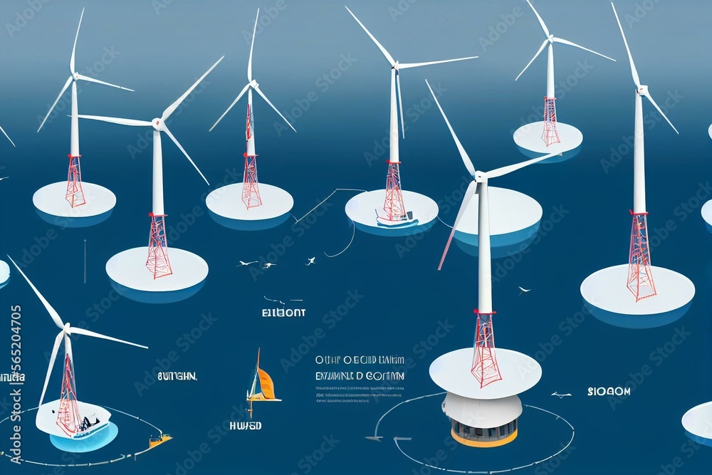 Offshore wind farm with turbine stations at sea or ocean outline ...