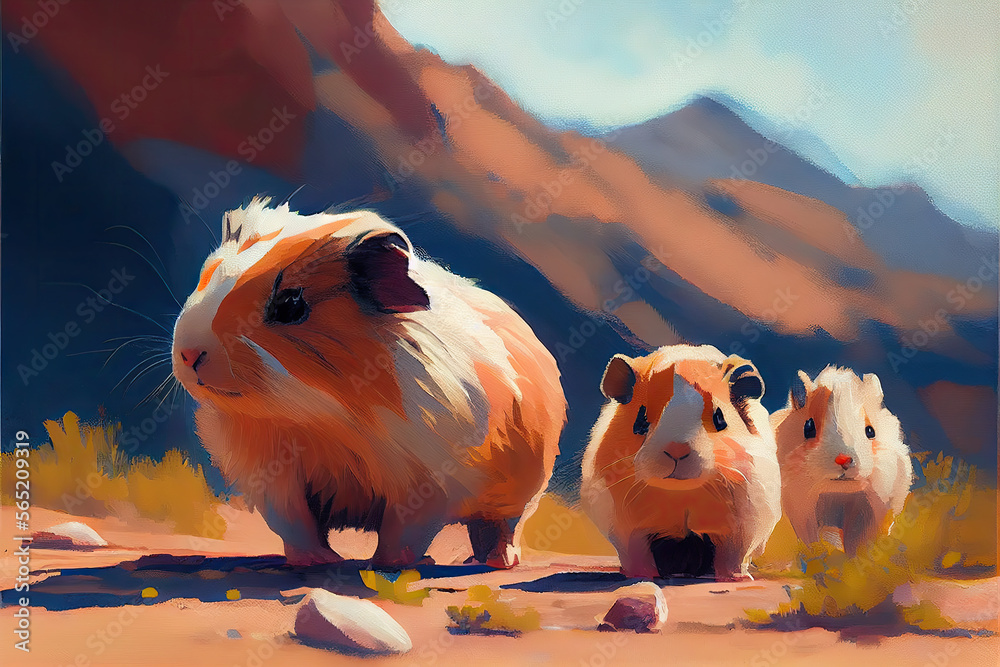 Stockillustratie Generative AI two baby guinea pigs following their ...