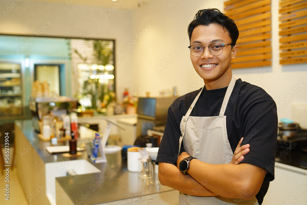 Handsome Indonesian Barista with Short Hair and Smiling Apron at Coffee ...