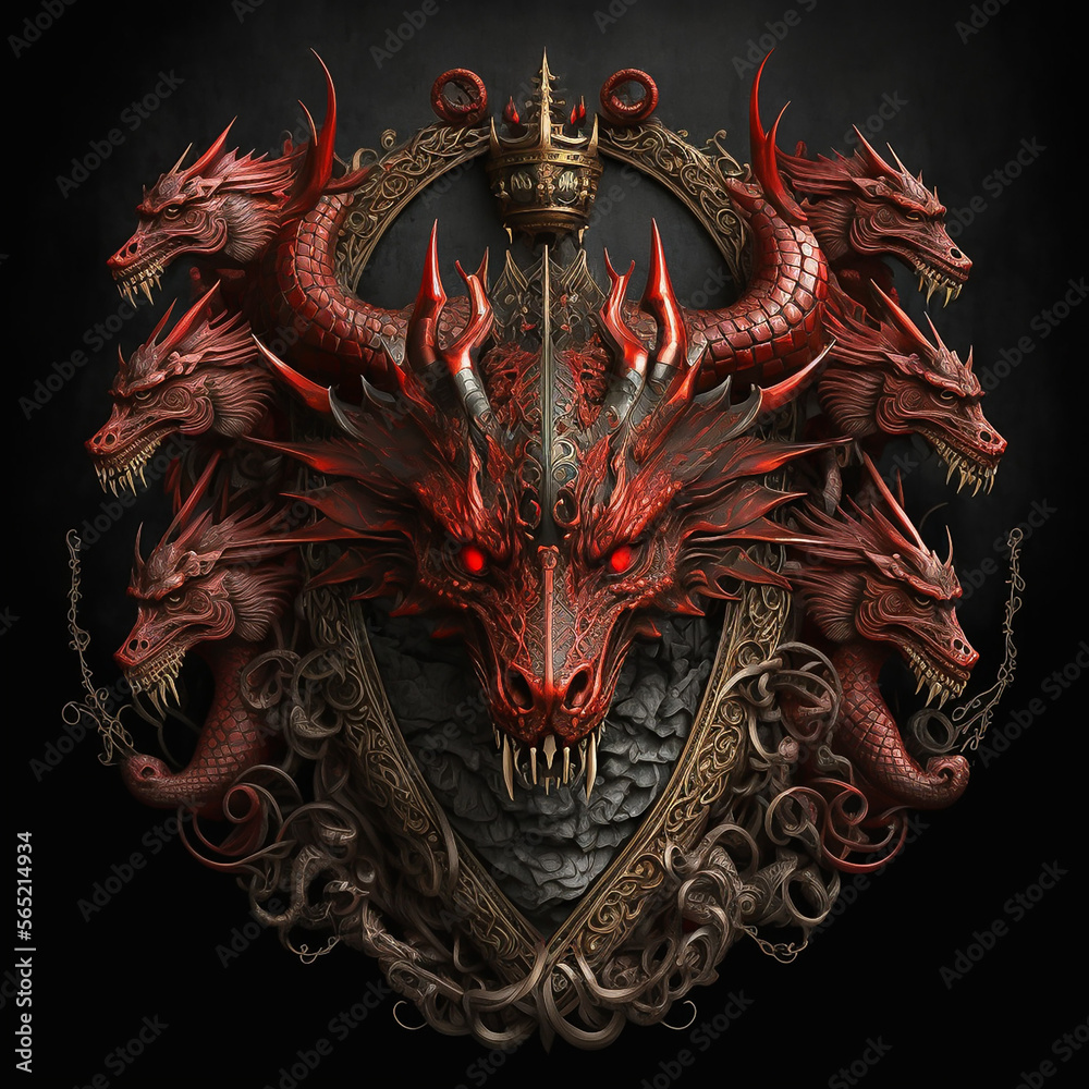 Seven Headed Red Dragon Emblem - Generative AI illustrations Stock ...
