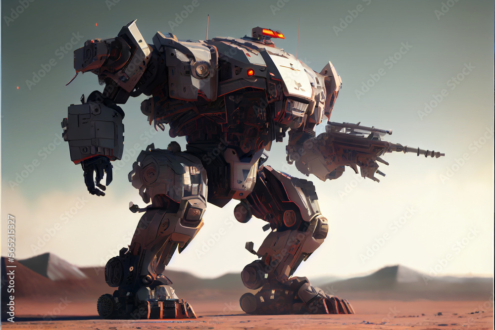 Futuristic huge robot combat machine on desert. Digital art style ...
