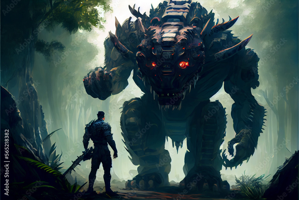 A warrior facing a big mechanical beast on the forest. Digital art ...