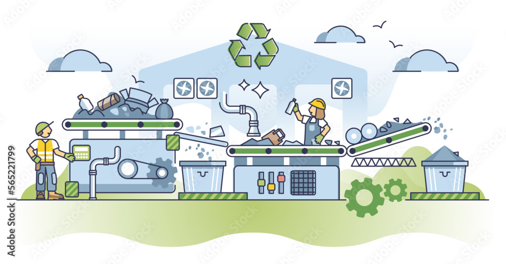 Waste processing facility with garbage conveyor belt work outline ... Waste processing facility with garbage conveyor belt work outline ...