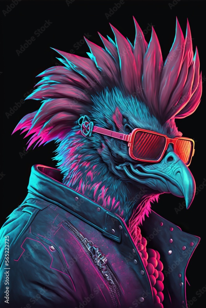 Sassy Synthwave Rooster wearing a leather jacket and sunglasses in Neon ...