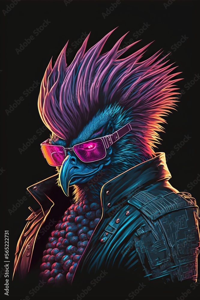 Sassy Synthwave Rooster wearing a leather jacket and sunglasses in Neon ...