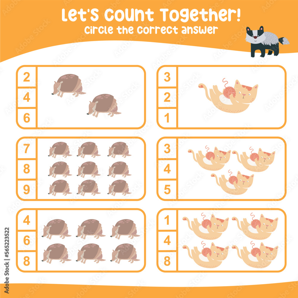 Vetor de Let’s counting the animals together and circle the number on ...
