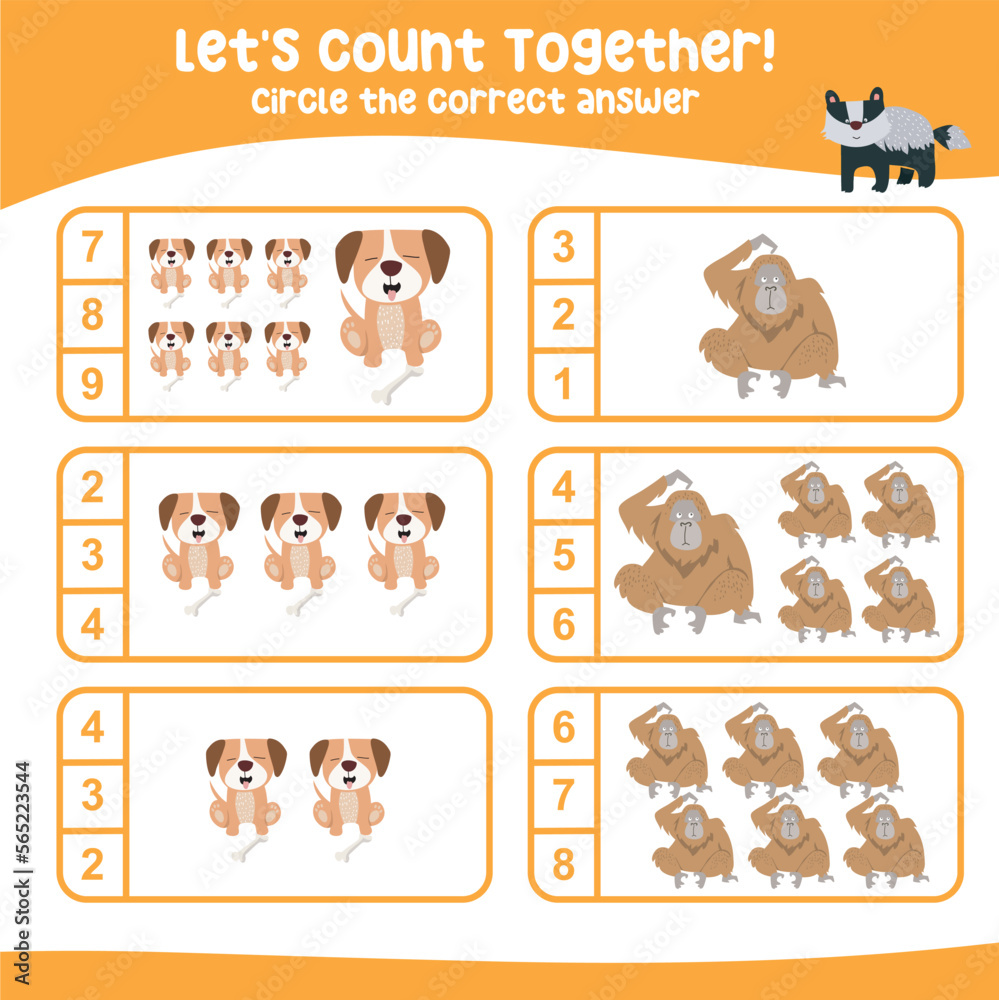 Vetor de Let’s counting the animals together and circle the number on ...