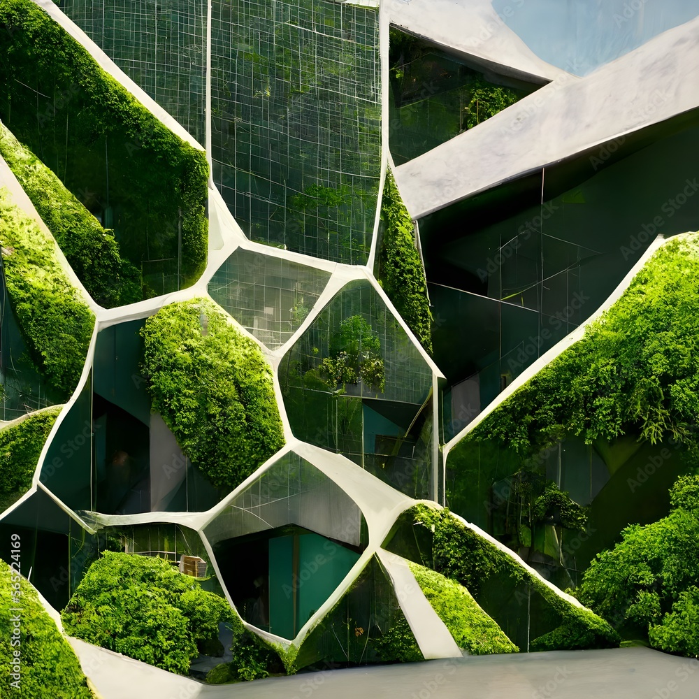 square building with planted green walls voronoi glass canopy ...