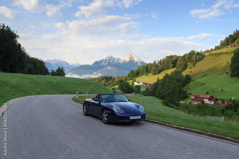 Berchtesgaden, Germany - July 25, 2021: Blue roadster Porsche Boxster ...