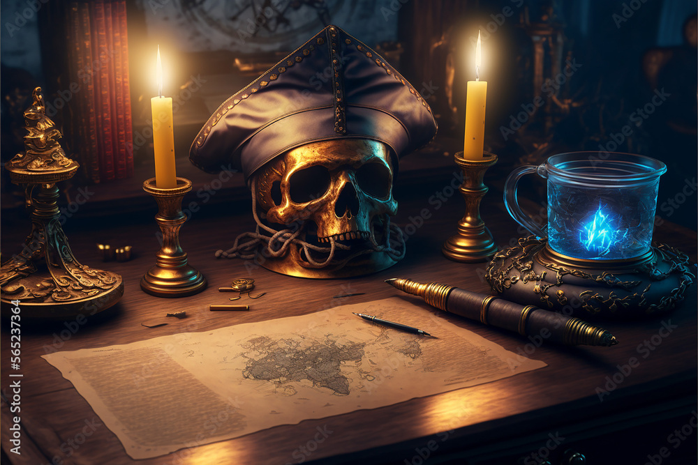 Imaginative Pirate Captains Desk Skull Hat - Generative AI ...