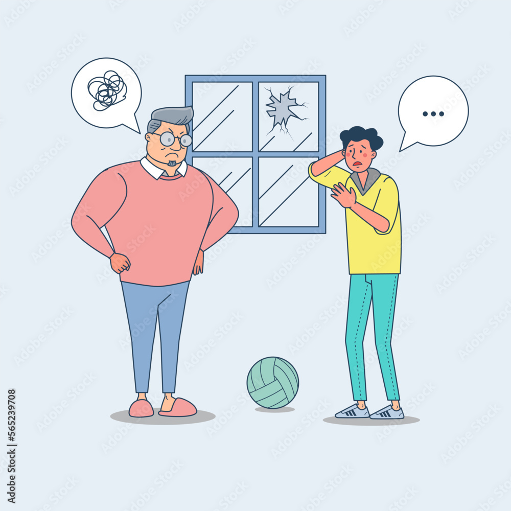 Angry man scold young boy for broken window glass during paly ball ...