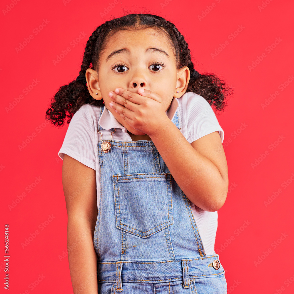 Shocked child, portrait and hand on mouth in secret, oops and mistake ...