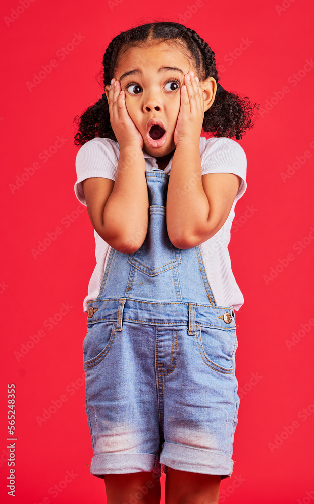 Little girl, shocked or hands on face by isolated red background in ...