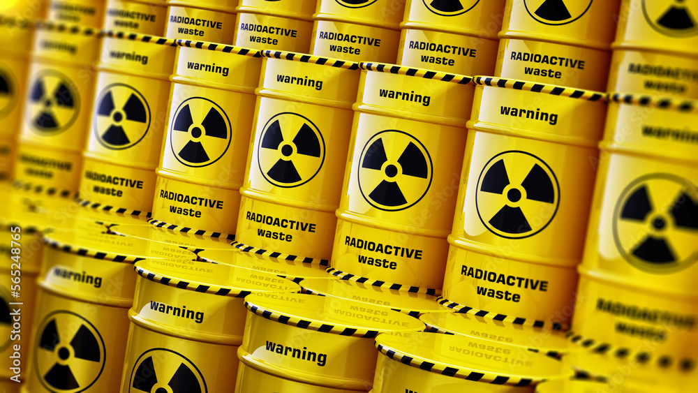 Stack of yellow radioactive barrels with warning signs. 3D illustration ...