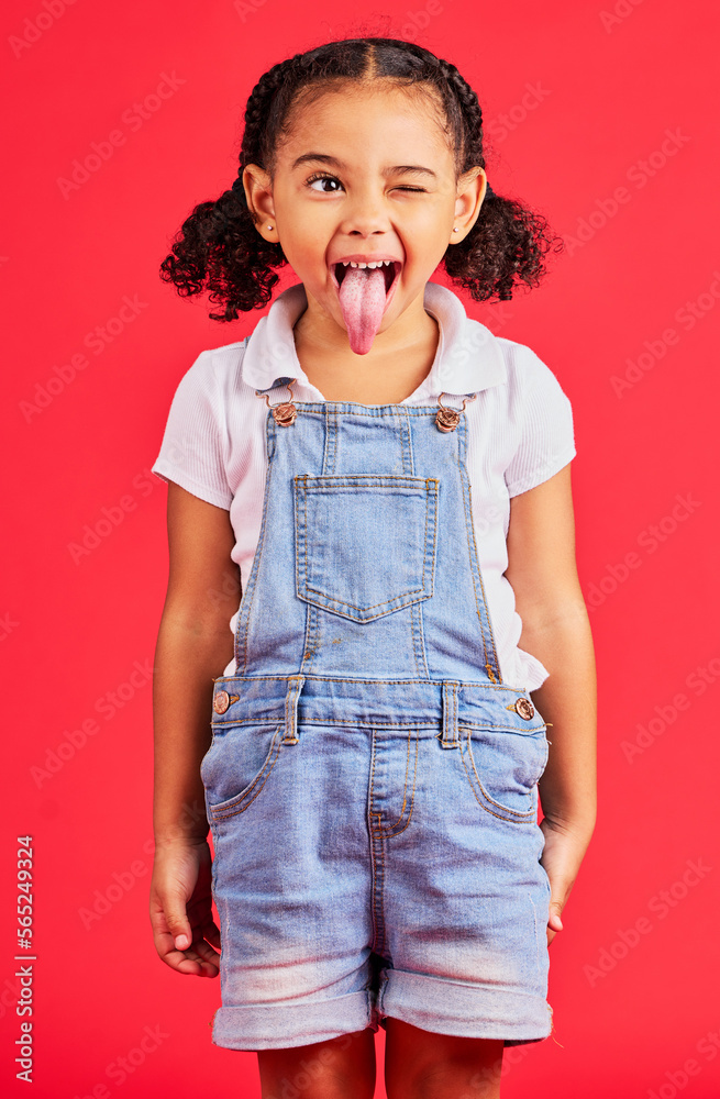Child, face and tongue out on isolated red background in goofy, silly ...