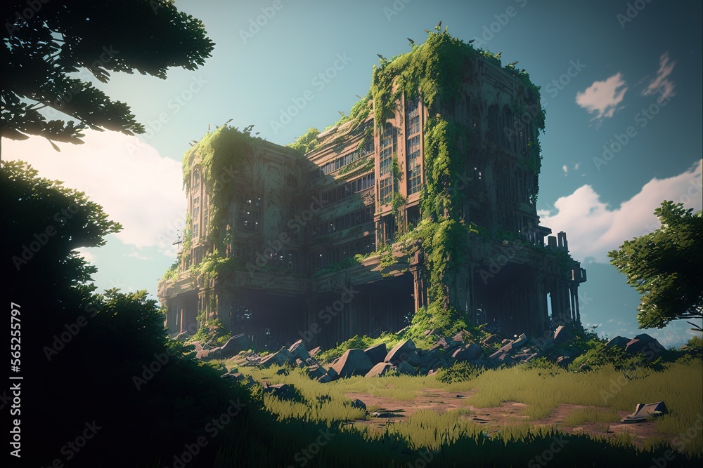 An anime apocalyptic city that has had the surrounding nature overrun ...