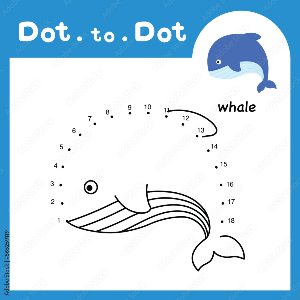 Dot to dot educational game and coloring book of whale animal cartoon ...