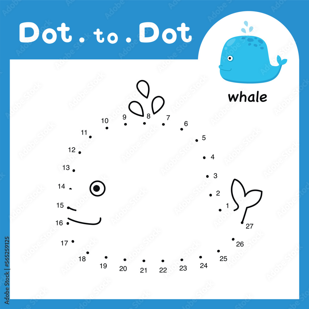 Dot to dot educational game and coloring book of whale animal cartoon ...