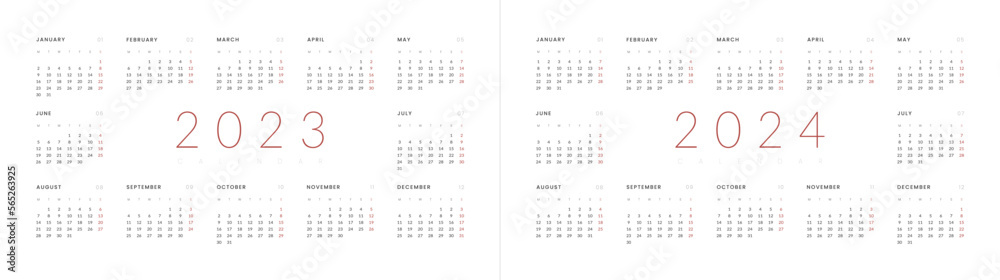 Set of 2023-2024 Annual Calendar template. Vector layout of a wall or ...
