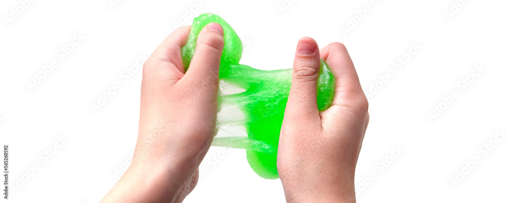Hand Playing with textured slime on white background. Teen hand holding ...