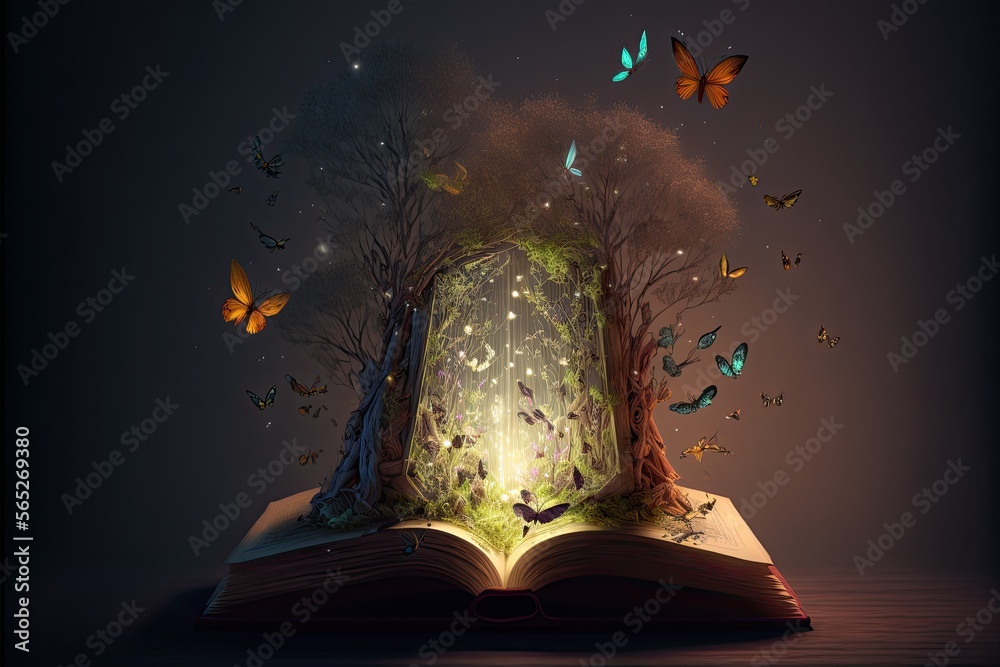 Ilustrace „a magic book opened and leading to another world through a ...