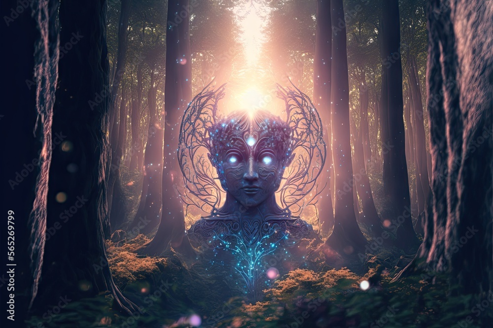 holy shiny entity of nature standing in a dense forest, illustration ...