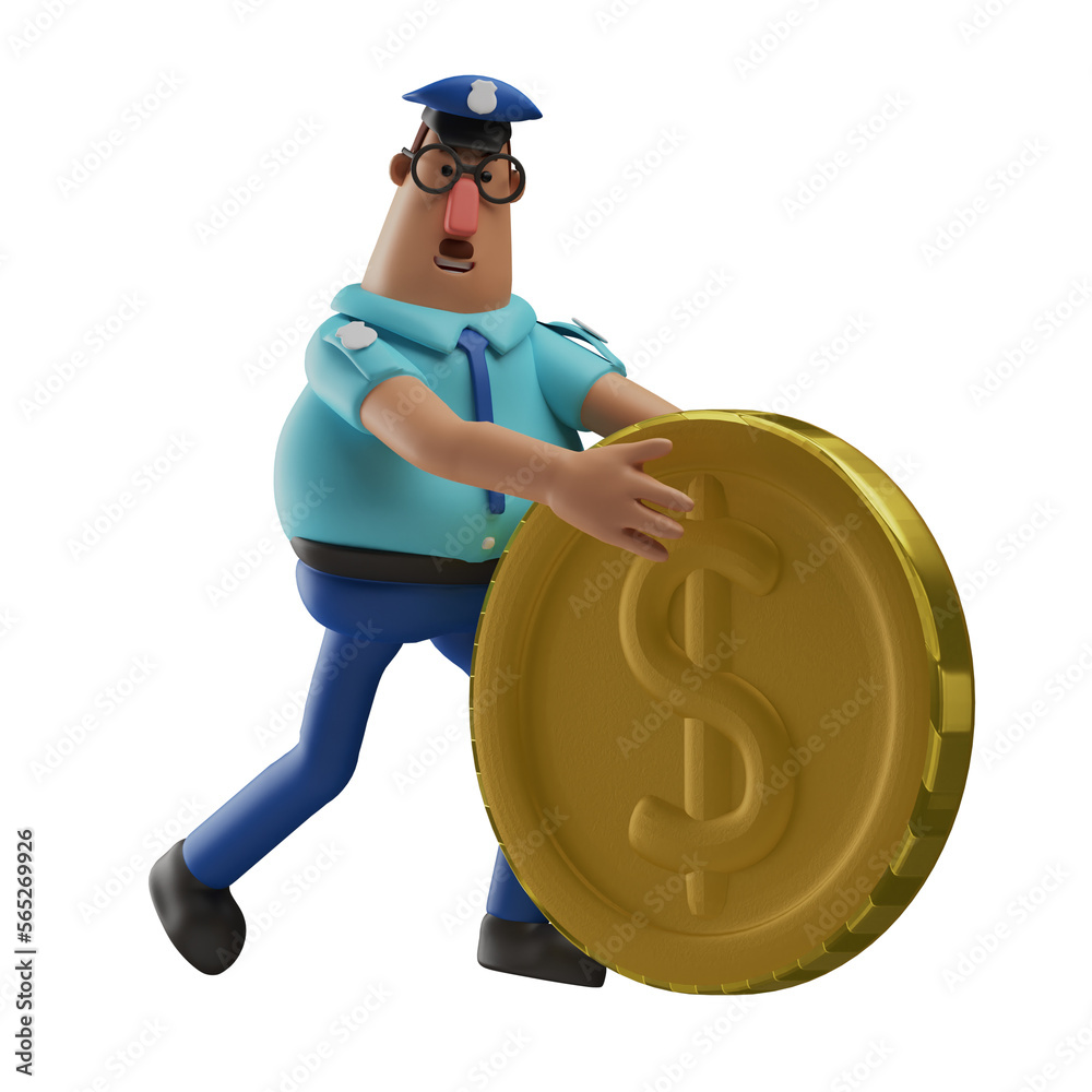 Police Cartoon 3D Illustration Get rich with gold coins, 3D police ...