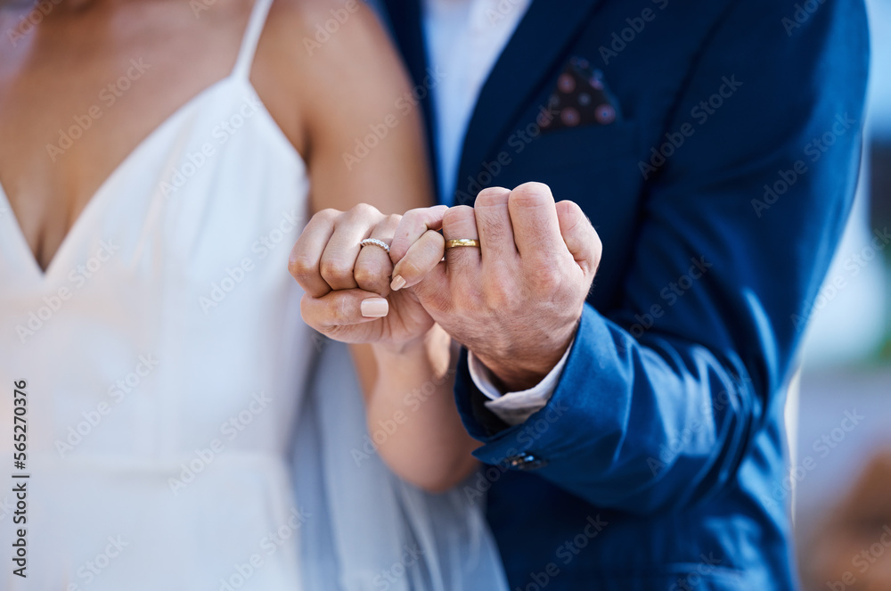 Photo Art Print Hands pinky promise and wedding ring of couple outdoor celebration of trust partnership and love Nina peopleimages