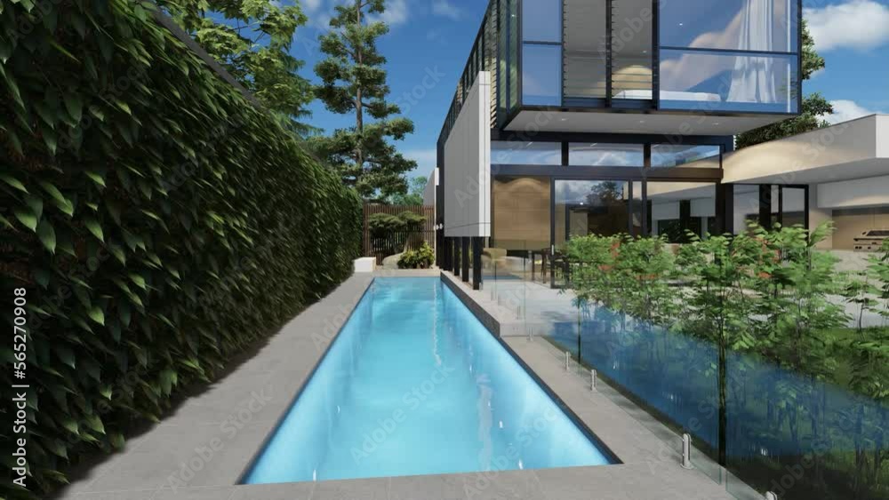Exterior modern house with a terrace, a garden, a swimming pool, and a ...