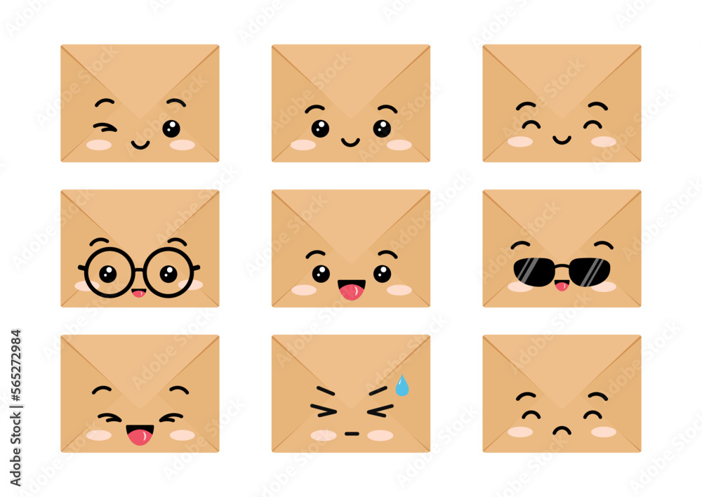 Craft envelopes cute kawaii character set. Closed kraft envelope vector ...