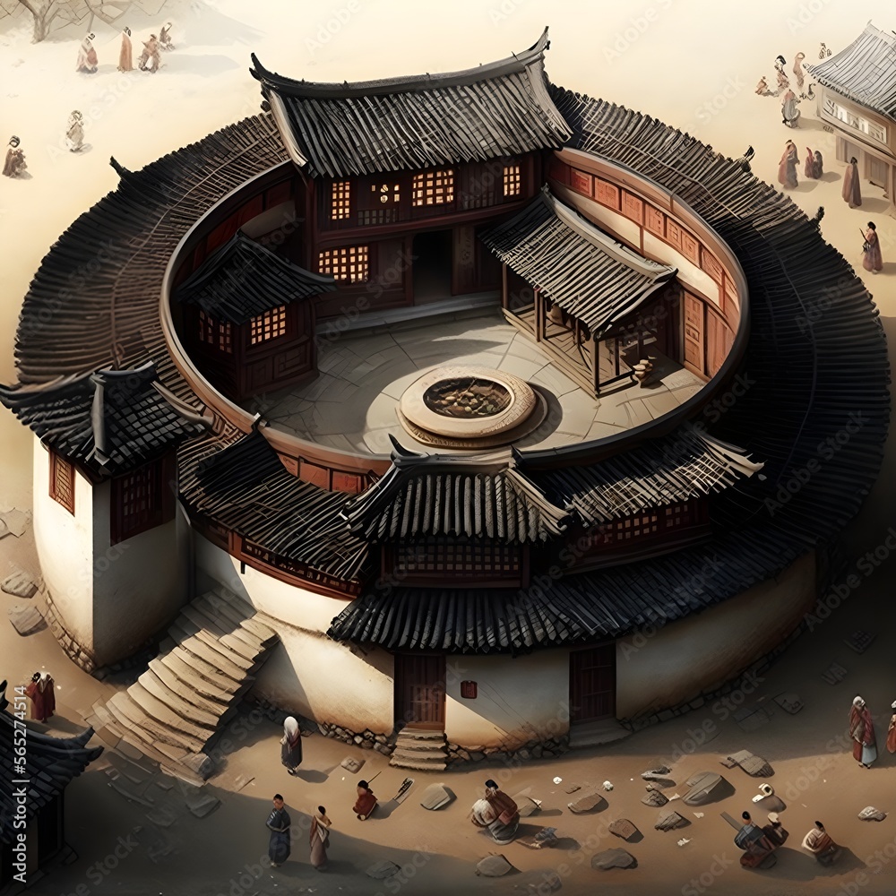 Two circular tiled houses in Korea in the 1500s the second floor is ...
