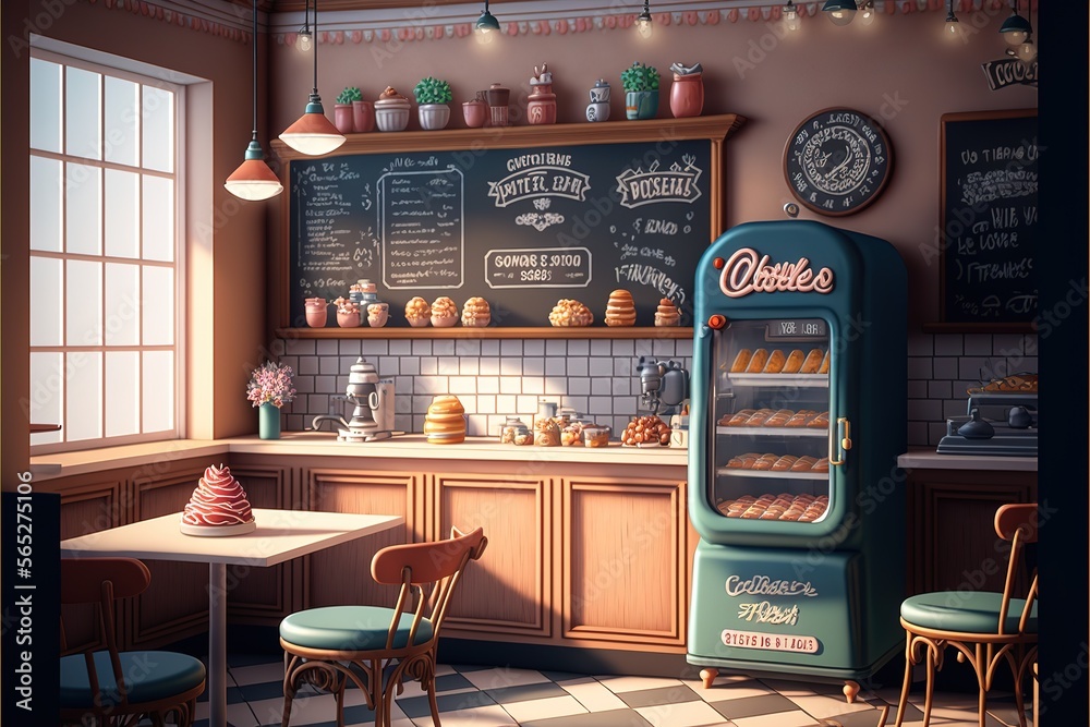 Cozy cafe interior, coffee shop Colorful cartoon modern illustration ...