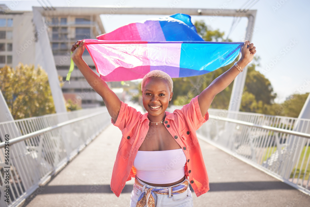 Portrait, pride and black woman with flag on city bridge, lgbtq ...