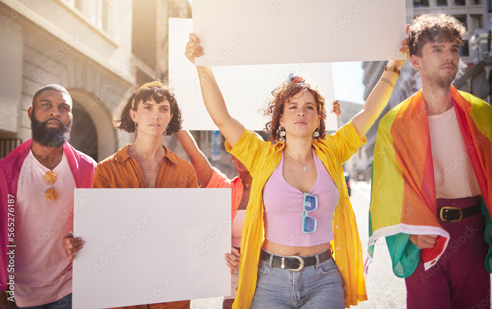 Mockup poster, lgbt protest and crowd walking in city street for ...