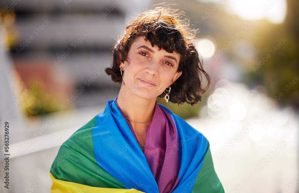 Love, freedom and portrait of woman with pride flag in city, happy non ...