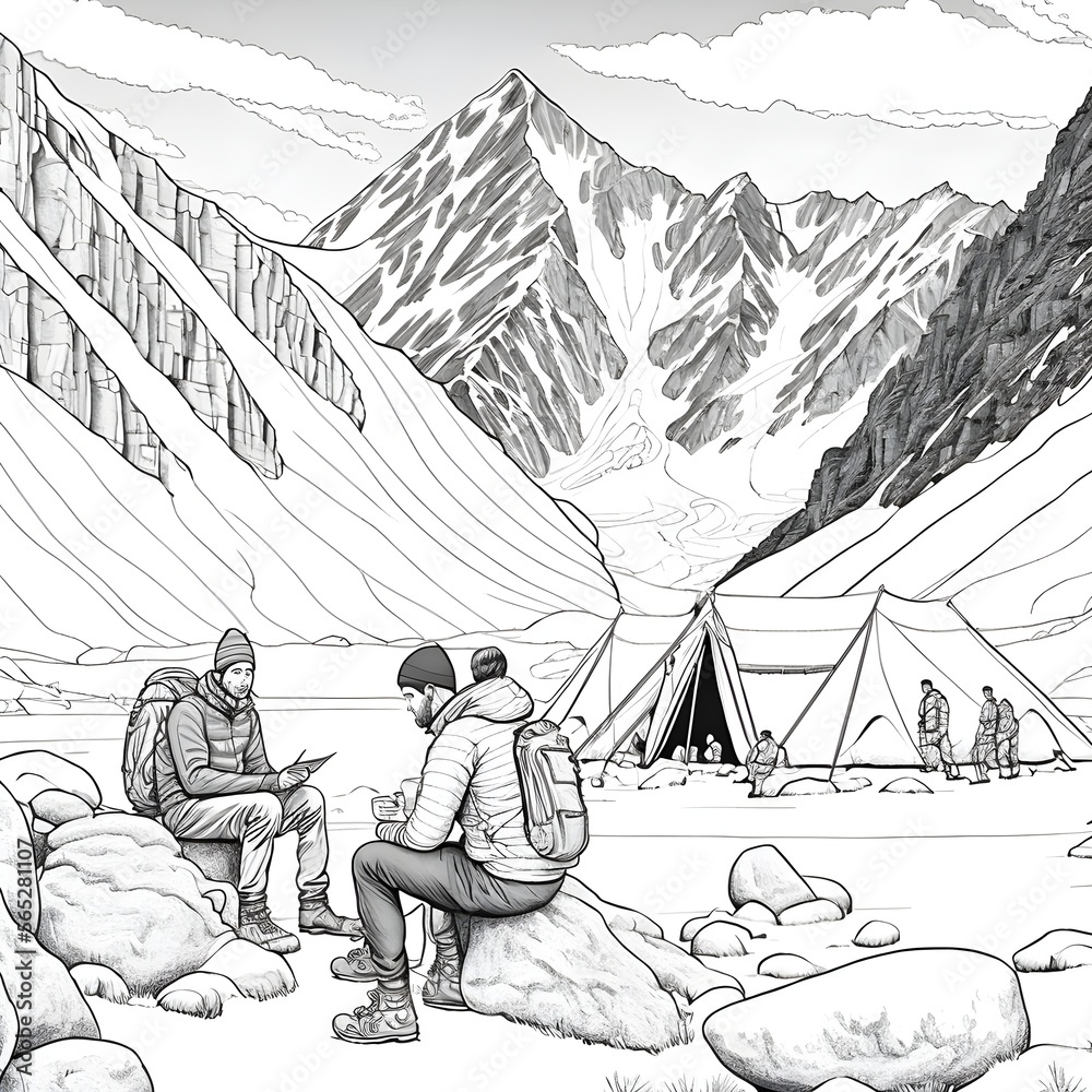 Picture for coloring book Himalayan climbers are sitting in camp at the ...