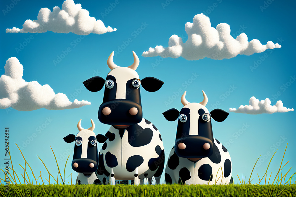 Cartoon of black and white Holstein Friesian cows standing in a green ...